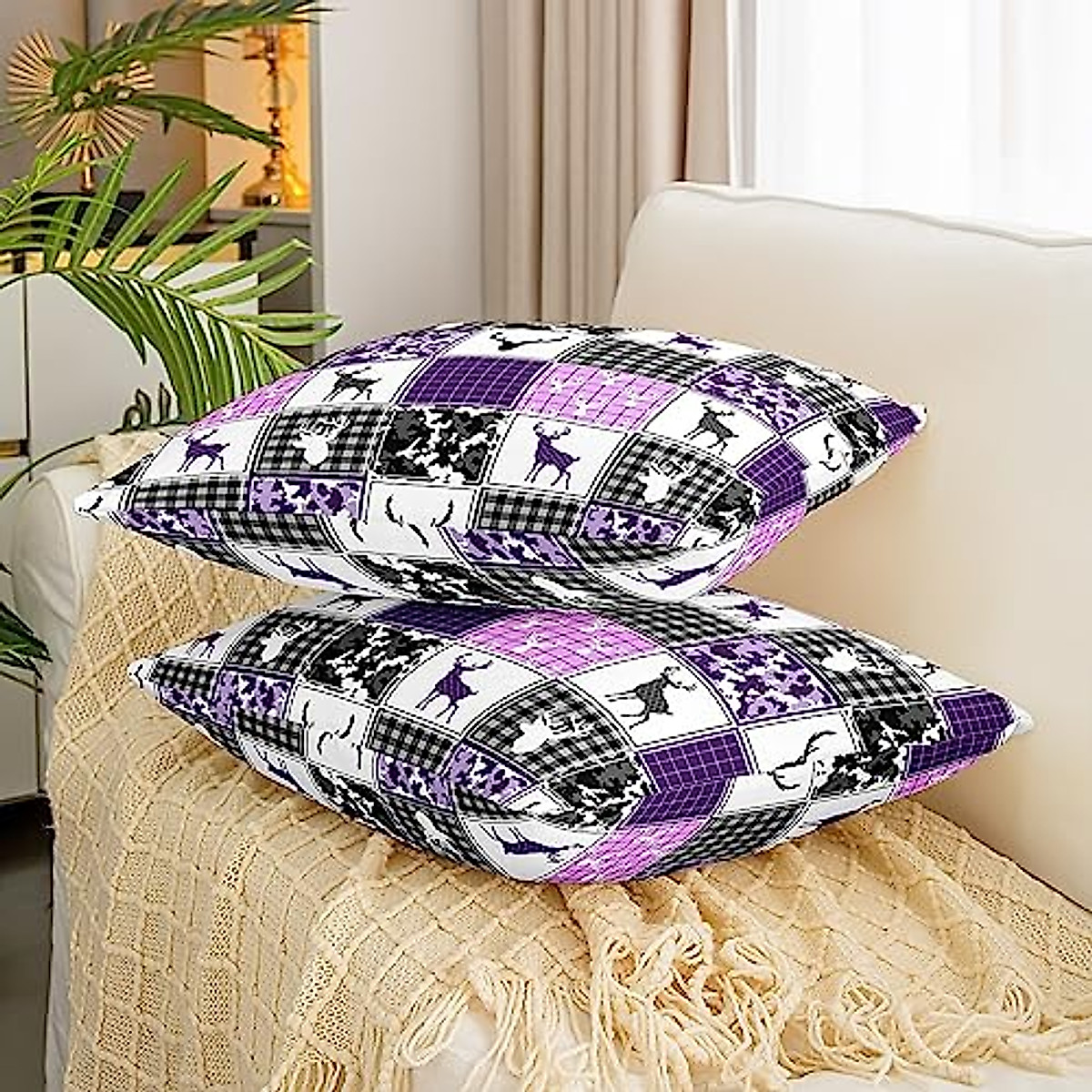 Set of 2 Camo Deer Throw Pillow Covers 20x20 Inch, Buffalo Check Pillow Covers for Girls, Patchwork Geometric Plaid Purple Gray Farmhouse Boho Xmas Camouflage Antlers Moose Elk Cushion Cases