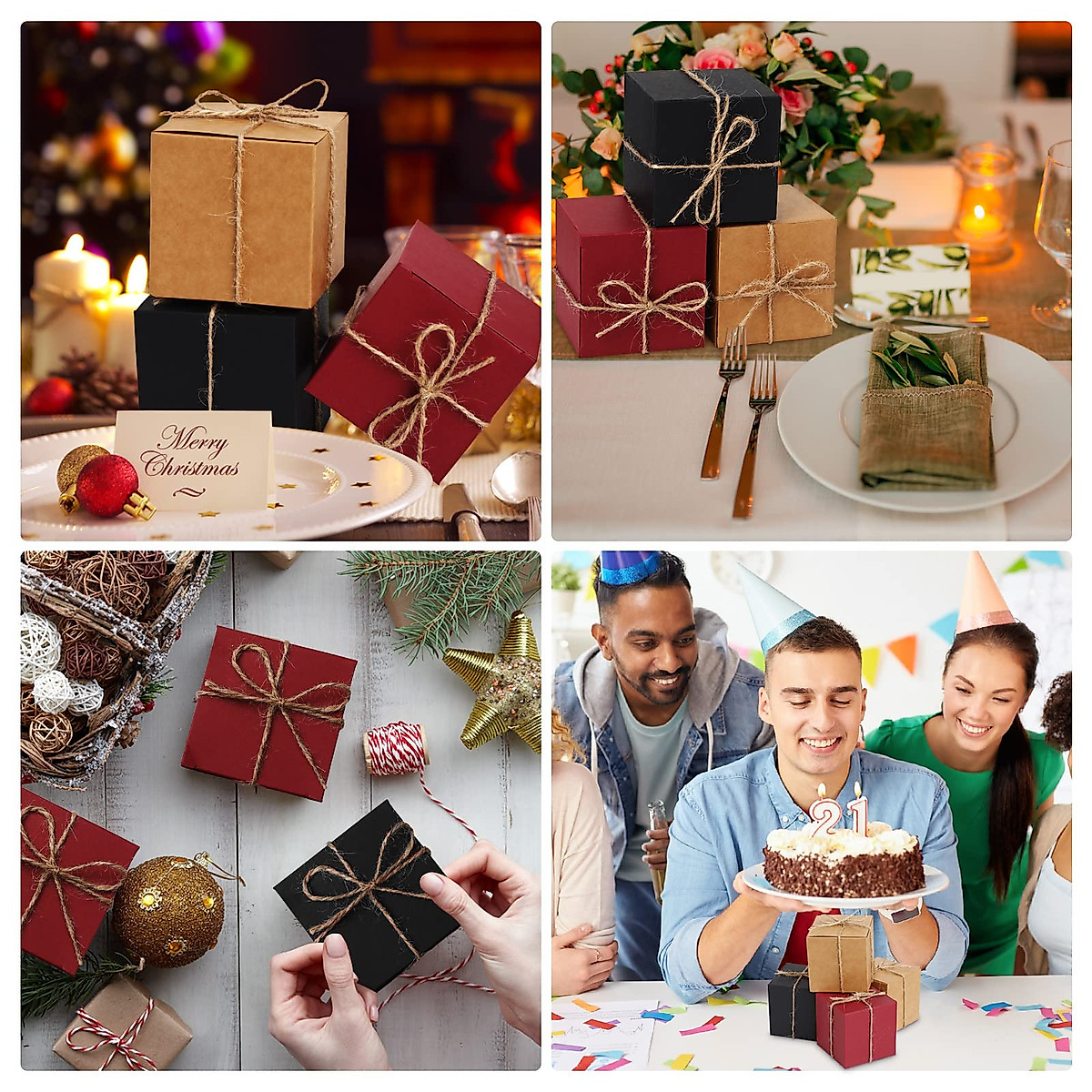 Spiareal 60 Pcs Small Gift Boxes 3 x Inches Christmas with Twine Candle Packaging Square Kraft for Xmas Gifts Wedding Birthday Bridesmaid Proposal Party Favors, Brown Red Black
