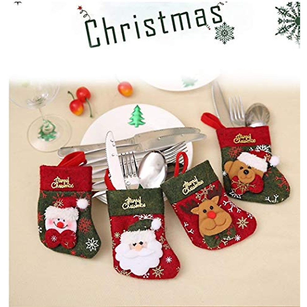 4 Pack of Christmas Cutlery Set, Snowman Santa Moose Knife and Fork Bag Cover Flatware Silverware Holders Xmas New Year Party Table Decoration Ornaments Socks