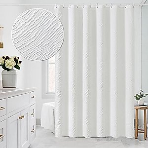 MitoVilla White Modern Fabric Shower Curtain, Farmhouse Waves Cloth Shower Curtains for Neutral Hotel Bathroom Decor, 3D Geometric Embossed Textured, Durable & Wrinkle Resistant, 72 x 72