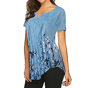Halife Womens Tops Hide Belly Tunic Short Sleeve Summer Blouses Casual Floral Henley Shirt Blue M