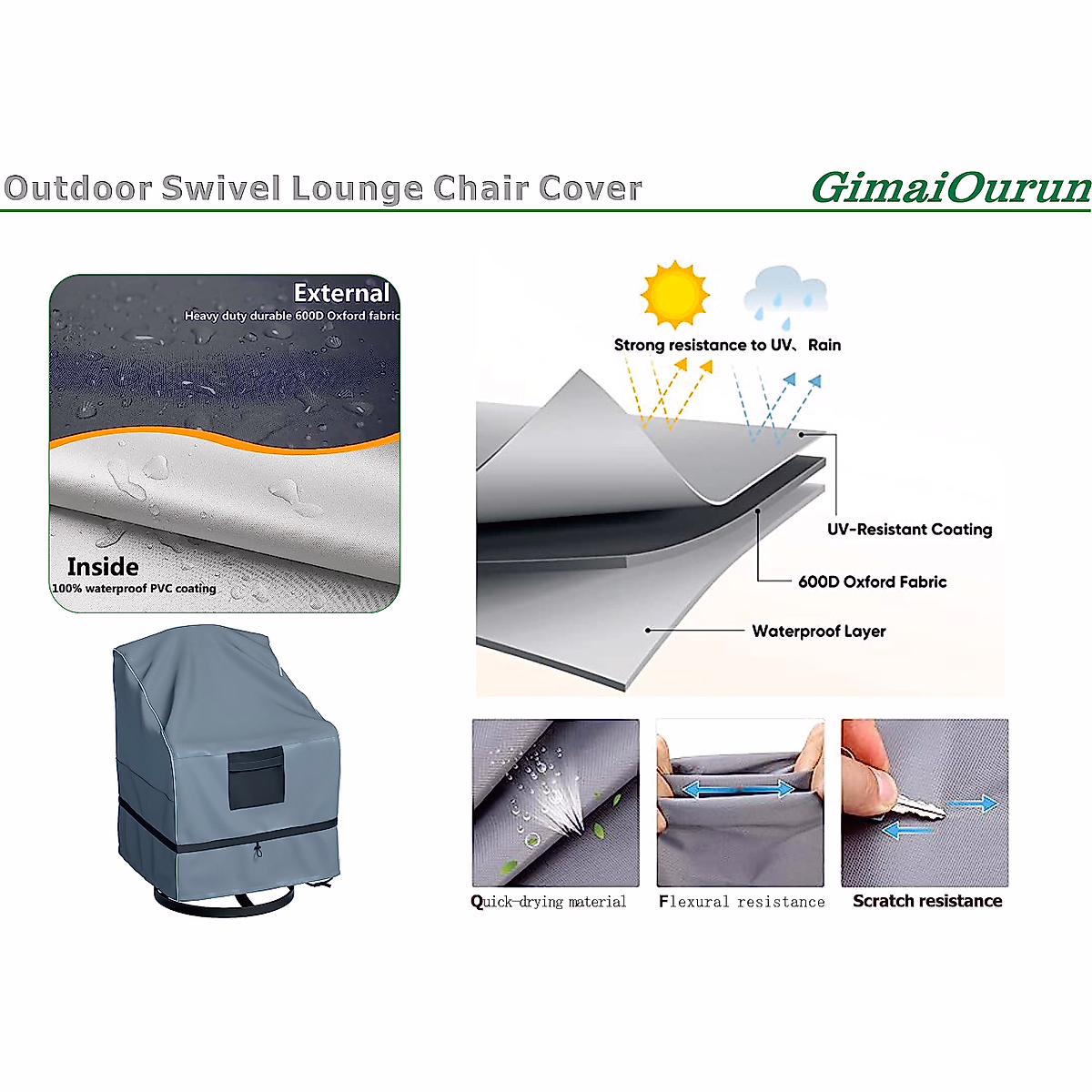 GimaiOurunOutdoor Swivel Lounge Chair Cover 1 Set, Waterproof Heavy Duty Outdoor Chair Cover, Outdoor Lawn Patio Furniture Rocking Chair Cover, (30 W x 35 D x 38.5 H inches), Gray
