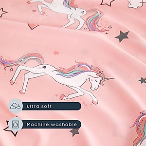 Wake In Cloud - Sleeping Bag Zippered, Nap Mat with Matching Pillow for Kids Boys Girls Sleepover Overnight Travel Slumber Bag, White Unicorns Printed on Pink, 100% Soft Microfiber