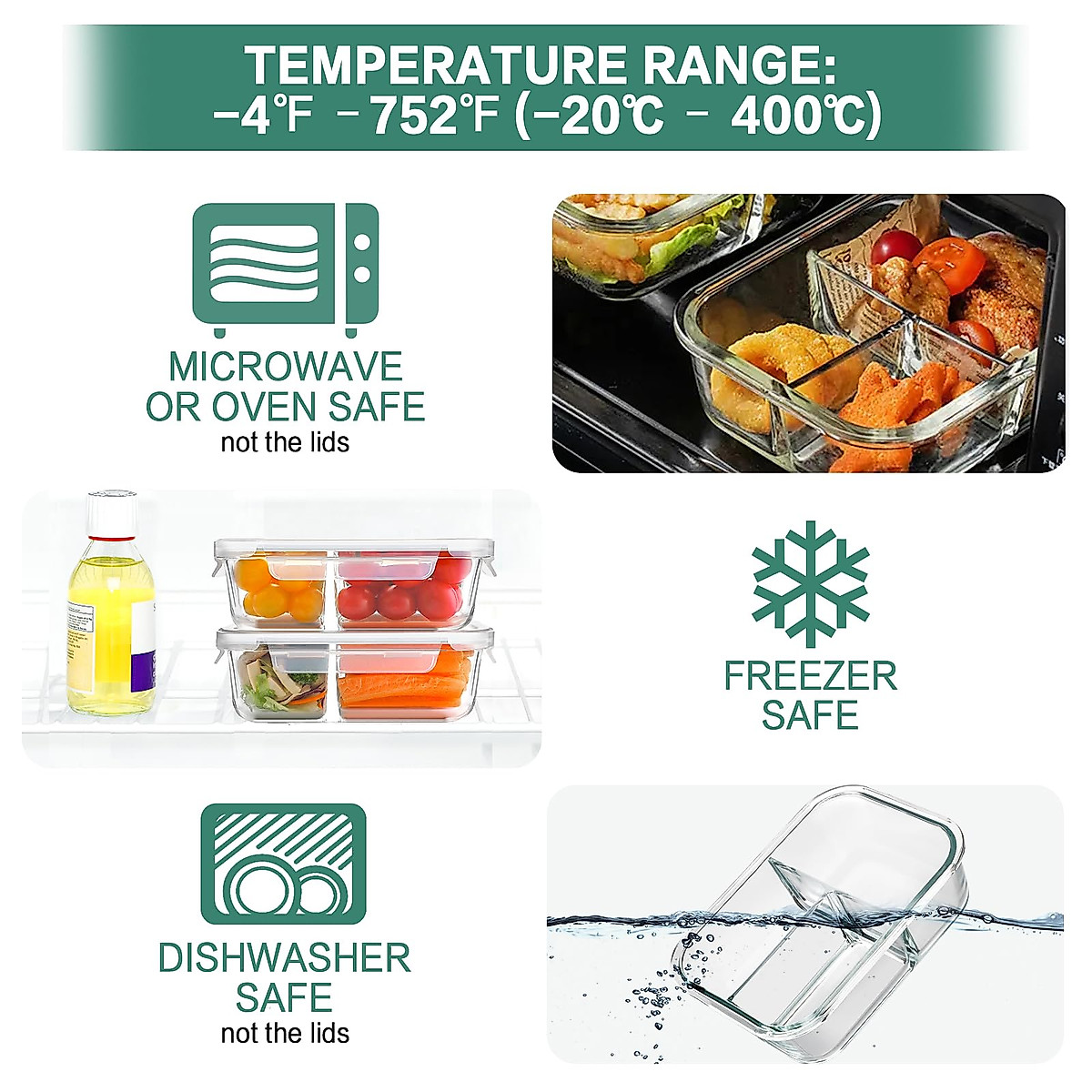 HOMBERKING 8 Pack Glass Meal Prep Containers 3 Compartment, 33oz Glass Food Storage Containers with Lids, Airtight Glass Lunch Bento Boxes, BPA-Free & Leak Proof (Set of 8) - White