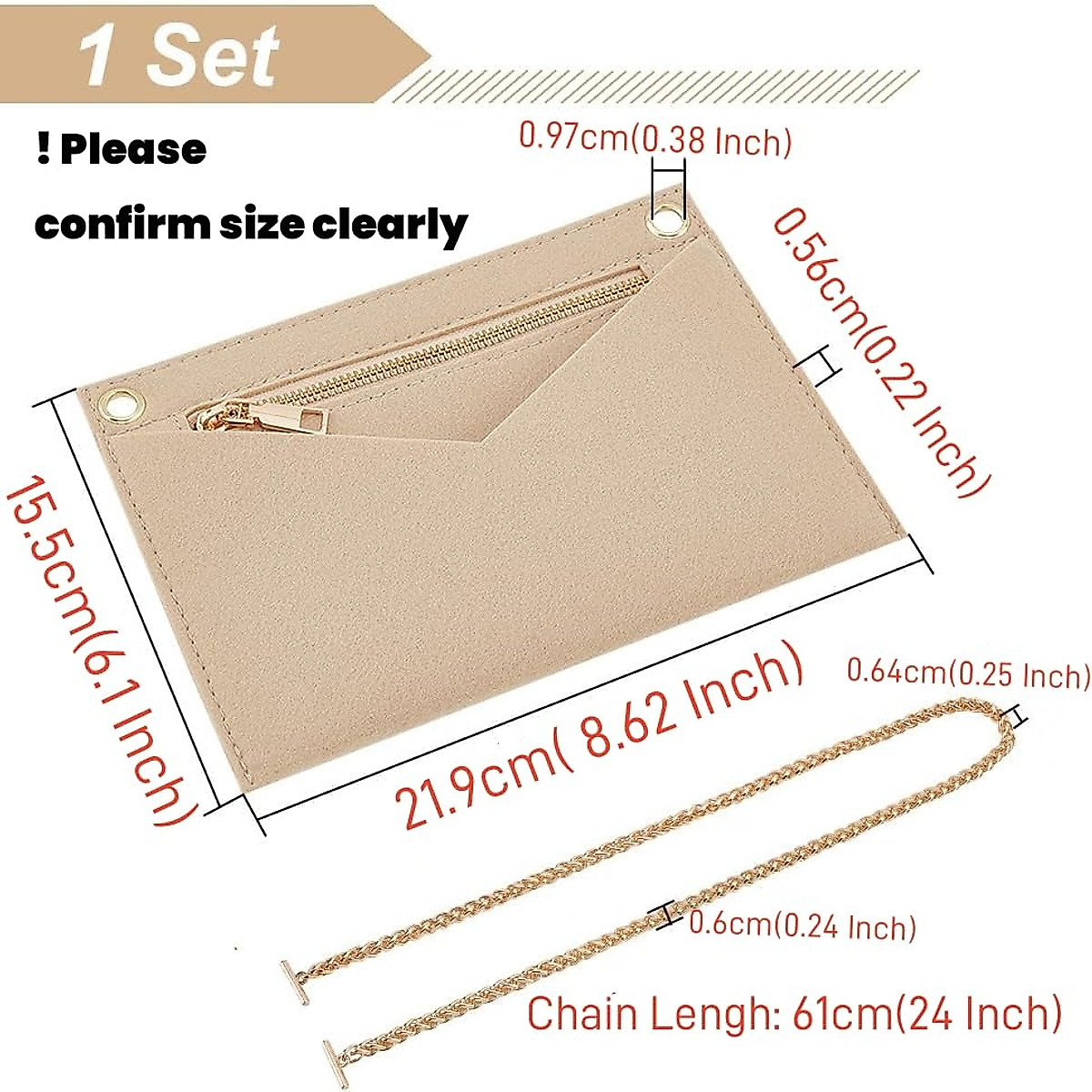 WADORN 1 Set Purse Organizer Insert Conversion Kit with Gold Chain, 8.62x6.1 Inch Felt Handbag Organizer Insert 24 Inch Chain Inner Pocket Liner Clutches Envelope Bag Handbag Convert Accessory, Beige