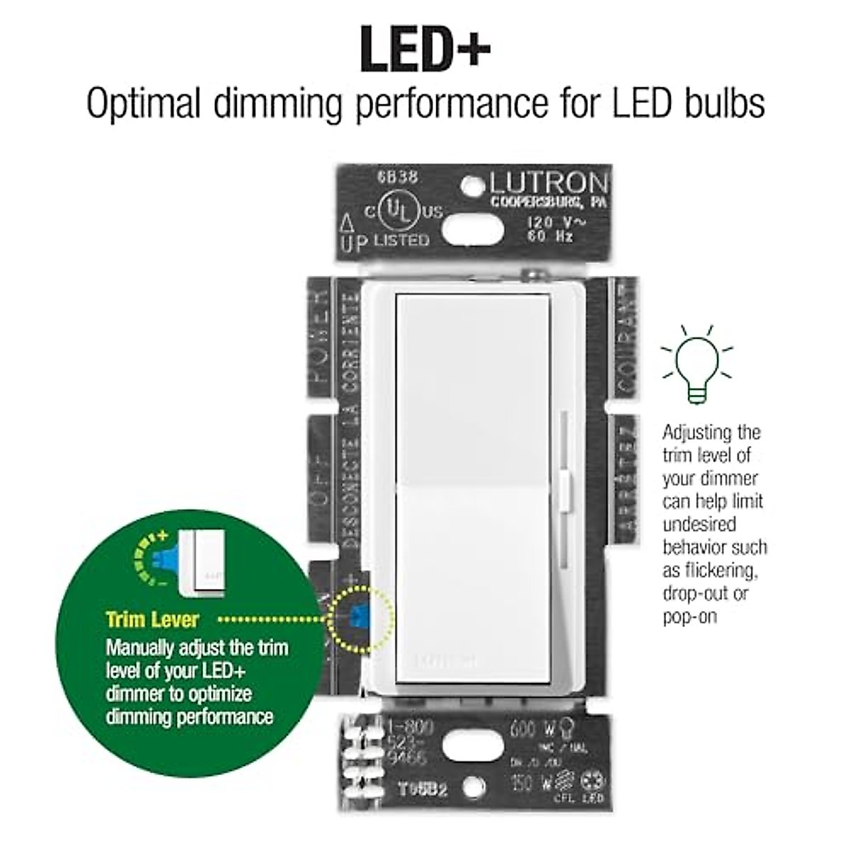 Lutron Diva LED+ Dimmer Switch for Dimmable LED, Halogen and Incandescent Bulbs, 150W/Single-Pole or 3-Way, DVSCCL-153P-PD, Palladium