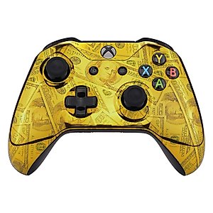 eXtremeRate Chrome Gold 100 Cash Money Dollar Front Housing Shell Case, Glossy Patterned Faceplate Cover Replacement Kit for Xbox One S & One X Controller (Model 1708)