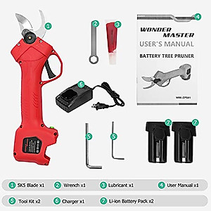 WONDER MASTER Cordless Pruning Shears with 2 Pcs Rechargeable 2Ah Lithium Battery Powered Electric Pruning Shears Professional Electric Pruner, 1 Inch Cutting Diameter, 6-8 Working Hours（Red）