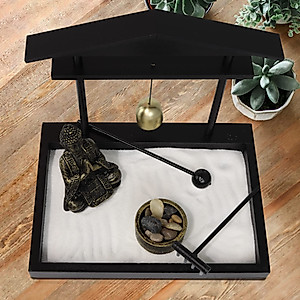 Japanese Zen Garden Kit Home Decor - Mini Zen Garden Buddha with Bell Hanging Archway Office Desk Accessories - Zen Sand Garden Desk Office Decor - 8.5" x 6.5" x 7"