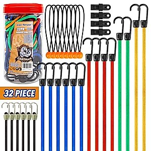 Cartman 32 Piece Bungee Cords Assortment Jar Includes 10" 18" 24" 32" 40" Bungee Cord with Hooks, 8" Canopy Tarp Ball Ties and Tarp Clips