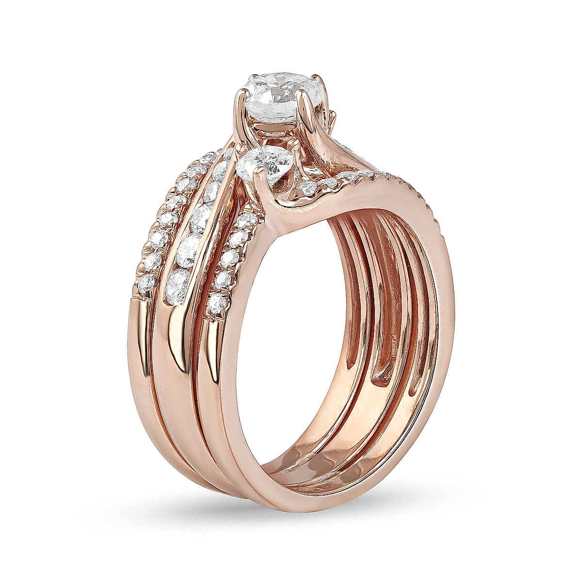 DZON IGI Certified 10K Rose Gold 1 1/4CT TDW Round Cut Diamond Bypass Engagement Ring Set for Women (I-J, I2) (6.5)