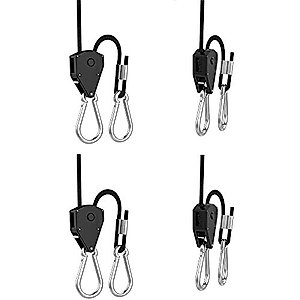 2 Pairs 1/8 inch Adjustable Heavy Duty Rope Hanger - Reinforced Metal Internal Gears Ratchets foe Growing Light Fixtures, Loose-Proof Design, 8-ft Long & 150lbs Weight Capacity