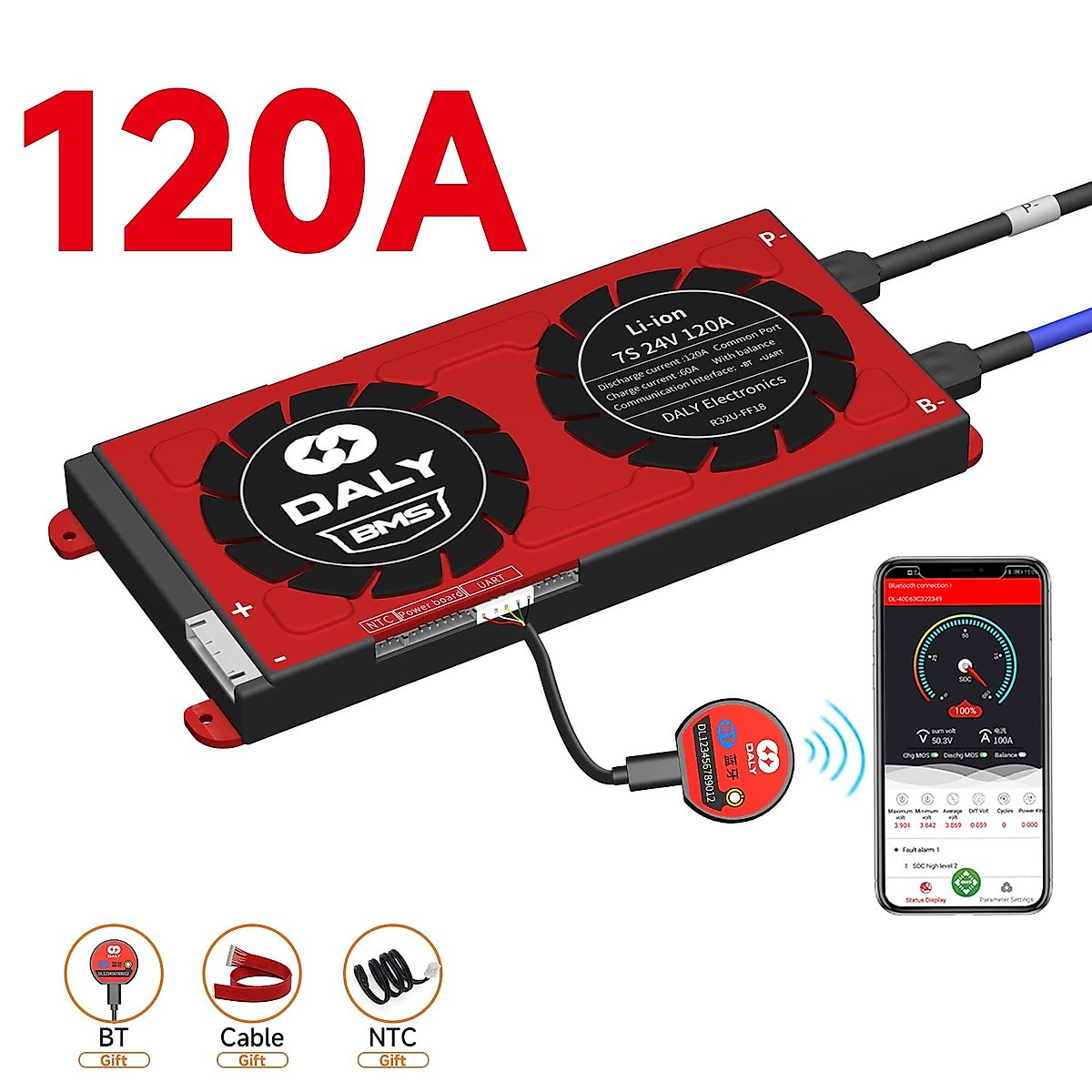 DALY Smart BMS 24V L-ion 7S 120A with Bluetooth Module Resetting Program Common Port for DIY Lithium Battery Pack(Smart BMS,120A)