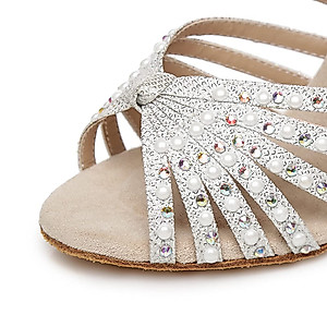 SWDZM Rhinestone Latin Dance Shoes for Women Ballroom Salsa Chacha Professional Performance Practice Dancing Shoes,YCL429-White-7.5,US 7