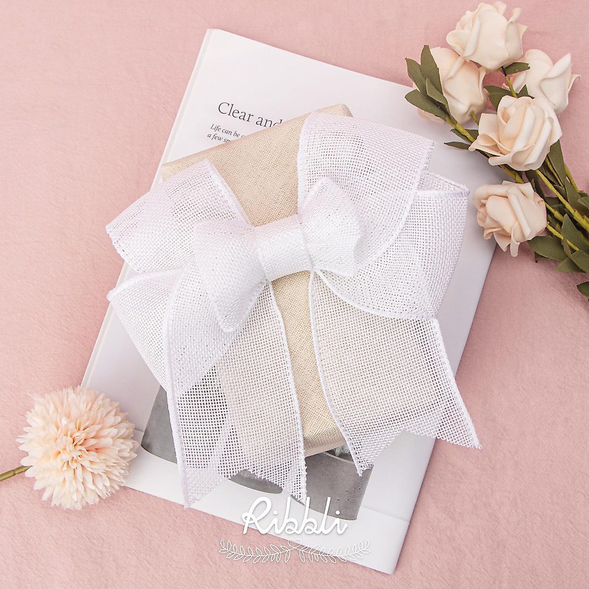 Ribbli White Burlap Wired Ribbon,2-1/2 Inch x 10 Yard, Wired Edge Ribbon for Big Bow,Wreath,Tree Decoration,Outdoor Decoration