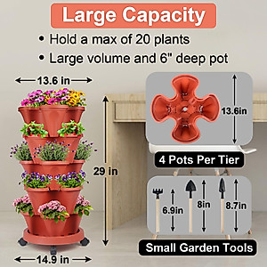 DUNCHATY Stackable Planter with Removable Wheels and Garden Tools, Garden Planting Tower Planters, Indoor Outdoor Gardening Pots - 5 Tier Vertical Garden Planter