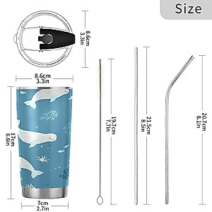 Coral Beluga Whales Fish Tumbler Stainless Steel Insulated Cup Travel Mug for Coffee Double Wall Vacuum Thermos with Straw and Lid 20oz