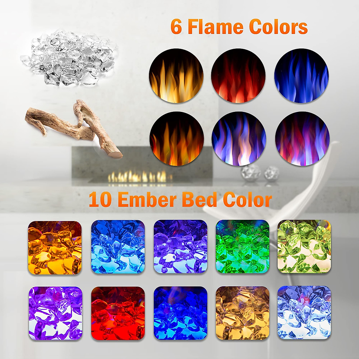 SUNNY FLAME 42" Electric Fireplace with Wi-Fi/Remote Control Wall Mounted and Recessed, Low Noise Fireplace with Timer, Touch Screen, Adjustable Flame Color and Speed, 750W/1500W, Log Set & Crystal