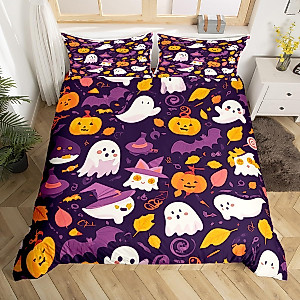 Feelyou Happy Halloween Duvet Cover Halloween Bedding Set for Kids Boys Girls Pumpkin Lantern Comforter Cover Witch Hat Ghost Bedspread Cover Bedroom Collection 3Pcs Full Size