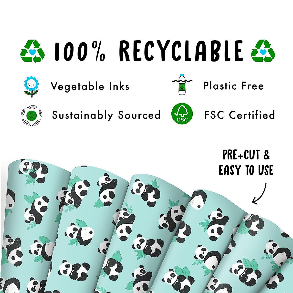 CENTRAL 23 - Green Wrapping Paper - 6 Sheets Gift Wrap - Birthday Pandas - Animals - For Men Women Boys Girls New Baby - Recyclable