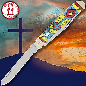 KISSING CRANE Stained Glass Trapper Pocket Knife | European Cathedral-Inspired Artwork | Stainless Steel Blades | Blue Bone Handle Scales | 3D Printed | Clip Point and Spey Blade | Closed Length 4"