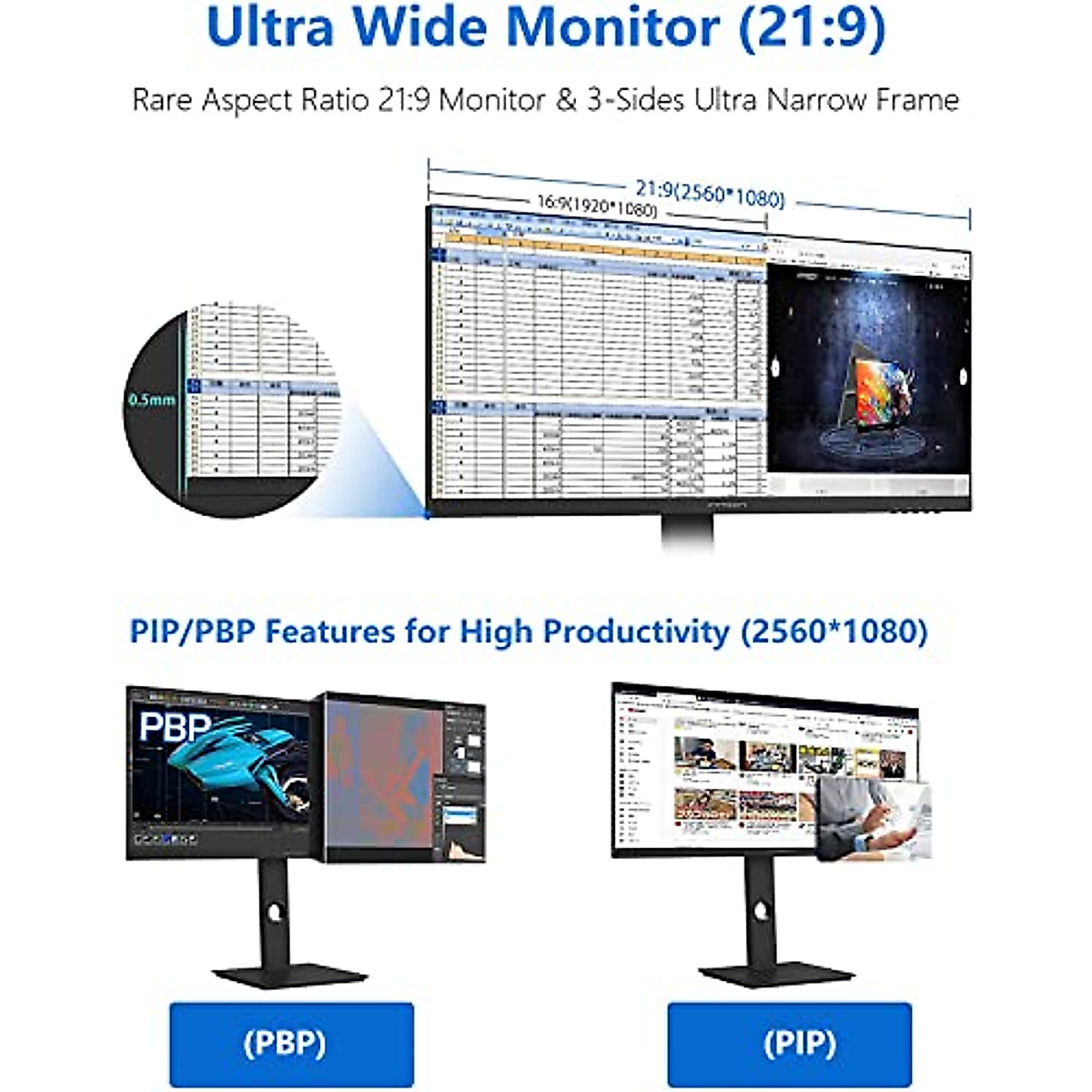 INNOCN 29" Ultrawide Monitor USB Type C 21:9 IPS Display WFHD 2560 x 1080P 350Nits 99% sRGB DP HDMI Computer Monitor, 75Hz, Split Screen, Height/Pivot Adjustable, Wall Mountable - 29C1F-D