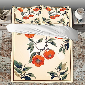 DiuuDi Orange Flowers Duvet Cover Twin Size Light Yellow 3D Printed Duvet Cover Set Orange Blossom Green Leaves Comforter Cover Cozy Quilt Cover with 2 Pillowcases
