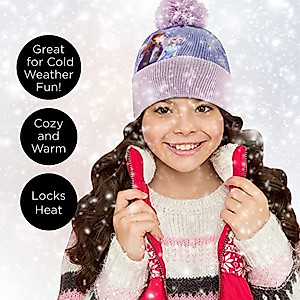 Disney Frozen Winter Hat and Kids Gloves Set, Elsa and Anna Beanie for Ages, Dark Purple, Little Girl Age 4-7