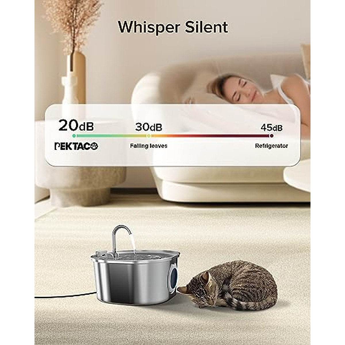 PEKTACO Cat Water Fountain, Pet Water Fountain for Cats/Dogs Inside, Stainless Steel Cat Drinking Fountains with Water Level Window(3.2L/108oz)