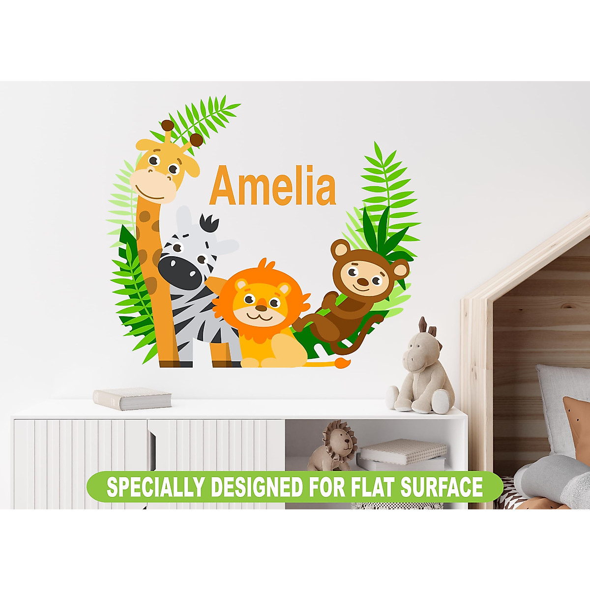 Jungle Animals Custom Name Wall Decal - Baby Safari Animals Series Theme Wall Art Decal - Wall Decal for Nursery Bedroom playroom Decoration (Wide 15"x13" Height)
