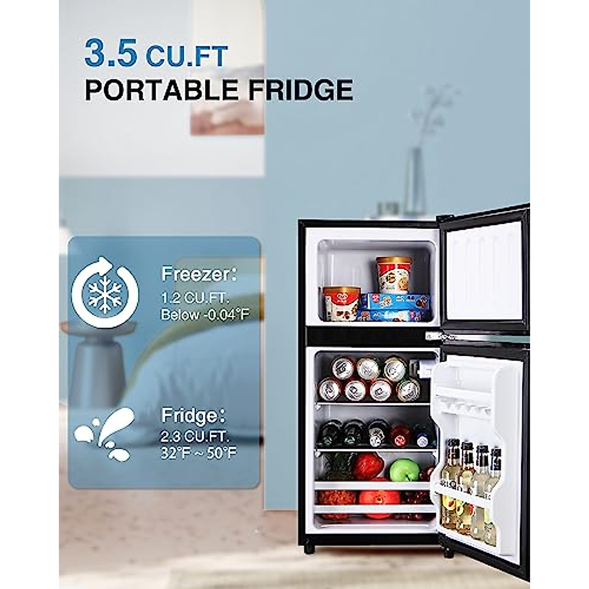 IORBUR KRIB Bling FLS-80-Black 3.5Cu.Ft Compact, Small Refrigerator with Freezer, Retro Fridge with Dual Door, 7 Level Adjustable Thermostat for Garage, Dorm,Bedroom, Office, Apartment, Black