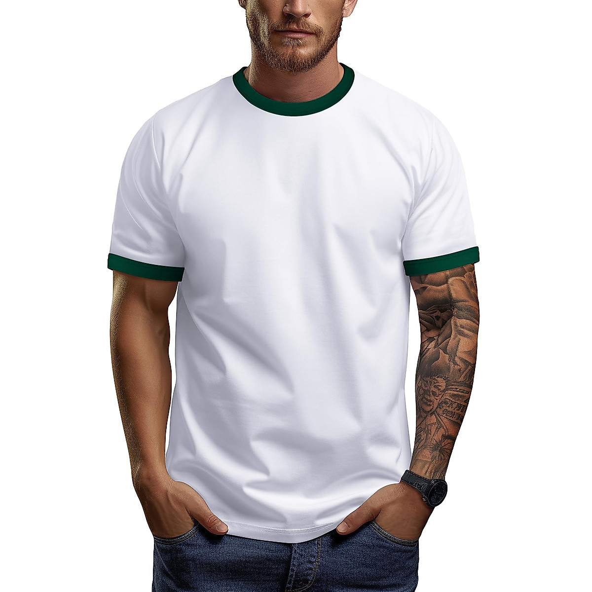 Zengjo Men's Ringer Tee Crewneck Athletic T Shirts Short Sleeve Sport Shirt for Men(White/Pine Green,S)