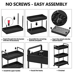 SOLEJAZZ Rolling Storage Cart, 3 Tier Utility Cart Mobile Slide Out Organizer, Bathroom Standing Rack Shelving Unit Organizer for Kitchen, Bathroom, Laundry Room, Black