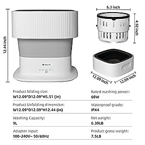 MOYU Blue Light Portable Washing Machine, 9L Mini Folding Washing Machine, Suitable for Baby Clothes, Underwear, Socks, Towels or Small Items (110V-240V, US Standard Plug, English User Manual)