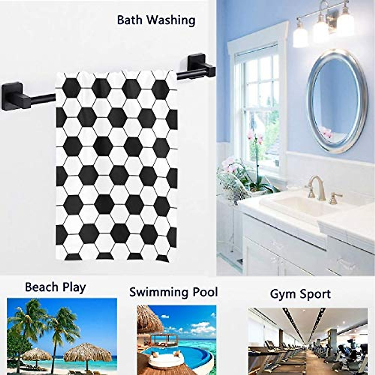 Naanle Chic Black White Geometric Pattern Soft Bath Towel Highly Absorbent Large Hand Towels Multipurpose for Bathroom, Hotel, Gym and Spa (16" x 30")