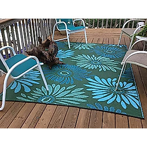 Mad Mats® Outdoor Rug, Reversible Plastic Mat for Patio, Porch, Deck, Kitchen & Bath, Daisy, 4' x 6', Aqua/Green