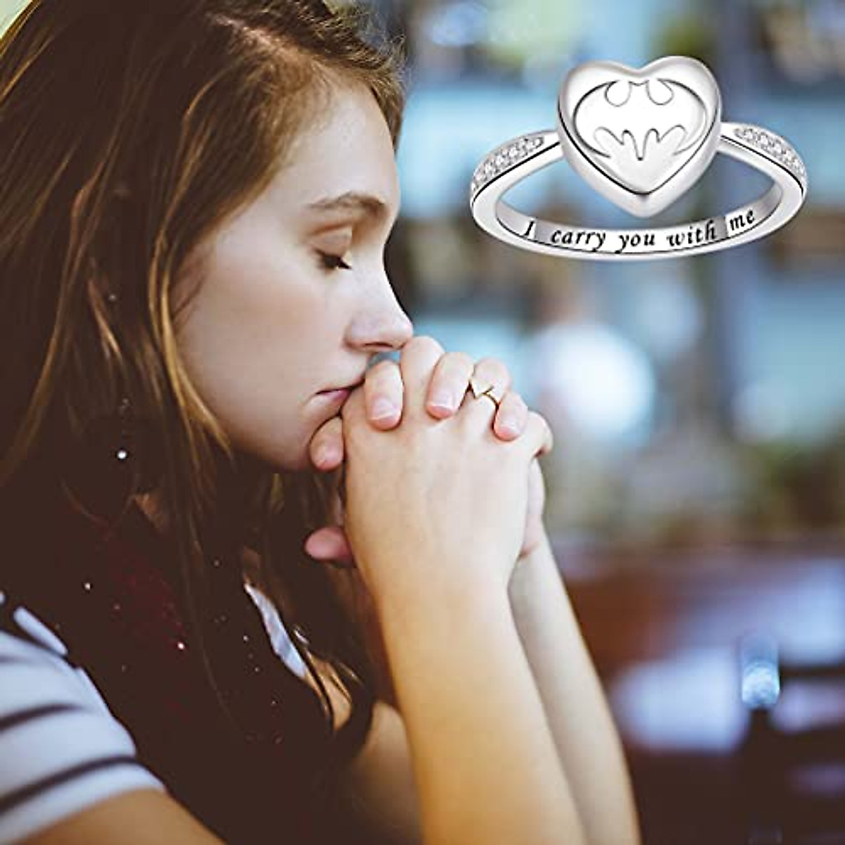 Fookduoduo Bat Cremation Ring for Ashes - 925 Sterling Silver Memorial Keepsake Jewelry Rings Heart Urn Earns for Ashes of Human/Pet (8)