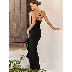 ANRABESS Women Prom Dress 2024 Summer Bodycon Formal Maxi Dresses Ruffle Side Split Cocktail Wedding Guest Date Dress Black Small