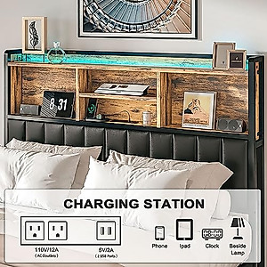 ANCTOR Queen Bed Frame with Upholstered Headboard and LED Light, Strong Platform Bed with Charging Station, Solid and Stable, No Box Spring Needed