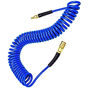 YOTOO Polyurethane Recoil Air Hose1/4" Inner Diameter by 25' Long with Bend Restrictor, 1/4" Industrial Quick Coupler and Plug, Blue