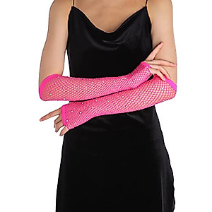 OTPEH Women Fishnet Rhinestone Gloves Fingerless Kids Fish Net Arm Sleeve Warmers 80s Emo Scene Accessories Pink