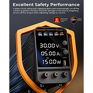 Eventek DC Power Supply, 30V/5A Variable Power Supply with Encoder Adjustment Knob, Memory Switching Bench Power Supply with 4-Digits LED Display, 5V/3.6A USB Output & Banana Plug Lead