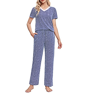 IZZY + TOBY Cotton Pajama Sets, Soft Sleepwear Pjs Set for Women, Summer Pj Short Sleeve Top and Long Pants, Casual Loungewear Ladies Pajamas Navy