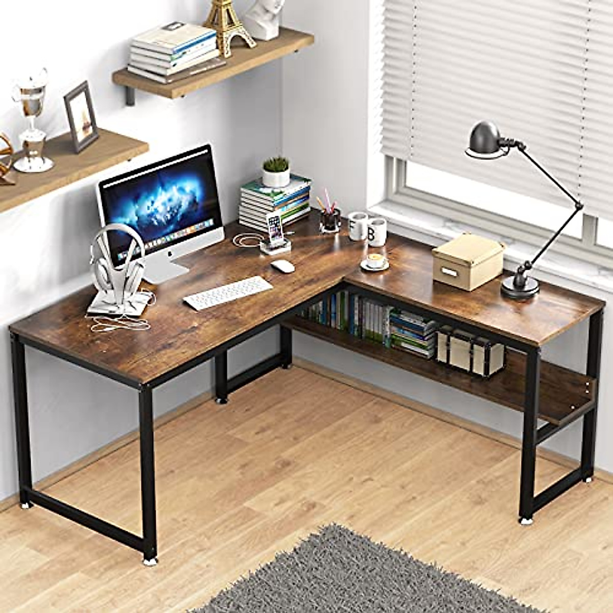 WiberWi L Shaped Desk, Office Computer Corner Desk, 55 inch Home Gaming Desk Table, Writing Study Workstation with Storage Shelves for Home Office, Space-Saving, Industrial, Rustic Brown