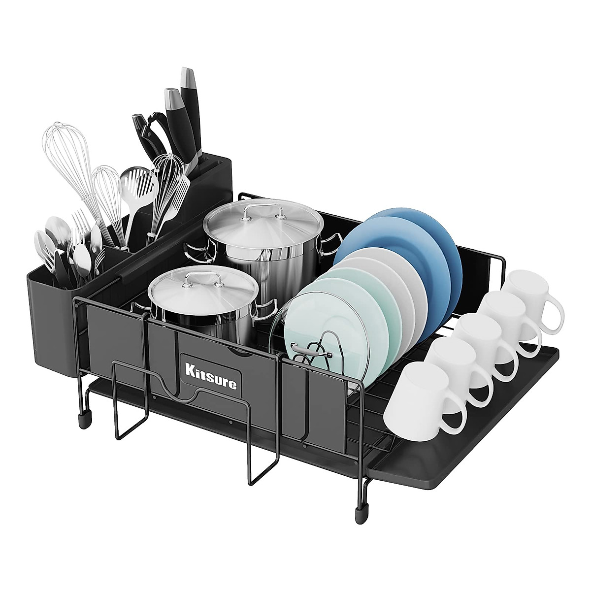 Kitsure Dish Drying Rack Large - Stainless Steel Dish Rack for Kitchen Counter, Dish Drainer with Drainboard Connected to The Sink, Dish Holder for Cups, Cutlery & Cutting Board, Black, Single-tiers