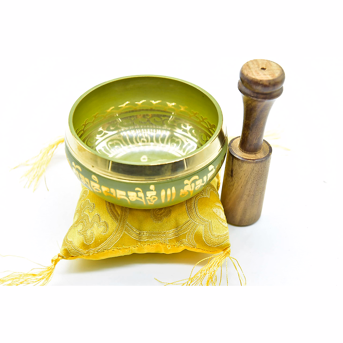 3.75" Tibetan Meditation Yoga Singing Bowl Yellow Set with free Wooden Mallet and Silk Cushion from Nepal, Singing bowls.