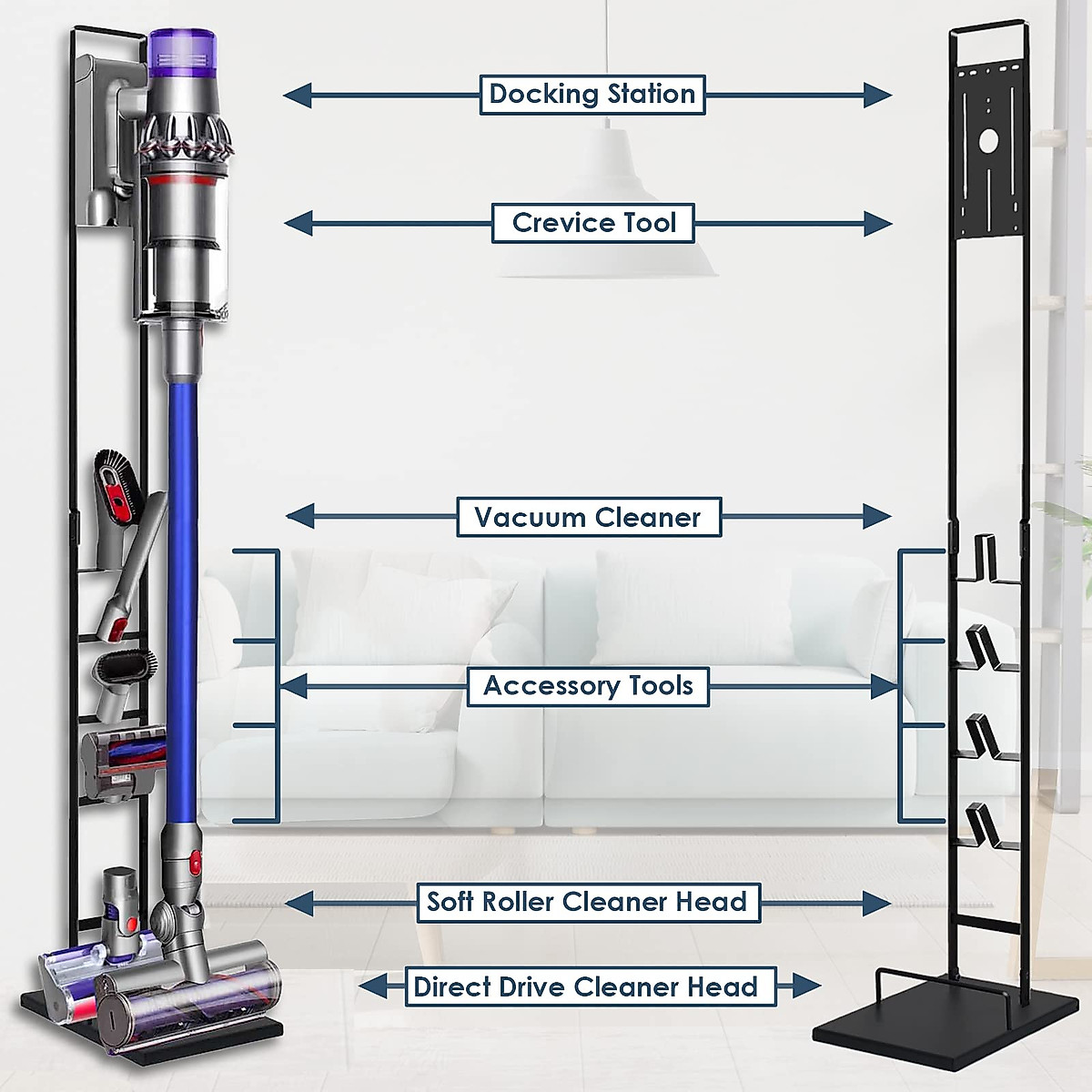 Lasvea Vacuum Stand for Dyson V6, V7, V8, V10, V11, V12, V15 Cordless Cleaners - Heavy Base Metal Bracket Holder with Trigger Lock, On/Off Control Clamp, Accessory & Attachment Storage