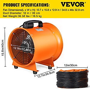 VEVOR Utility Blower 12 inch Ventilator Blower 2800RPM Extractor Fan Blower Portable Industrial High Velocity Blower with 10 m Flexible PVC Ducting(with 10m Hose)