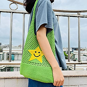 Fairycore Hobo Bag Y2K Fairy Grunge Star Crochet Tote Bag Aesthetic Indie Shoulder Handbags Grunge Mesh Purse Accessory (Beige)