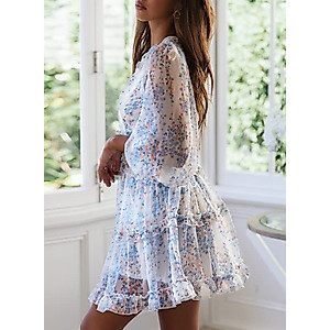 Dokotoo Womens Sun Casual V Neckline Long Sleeve Open Back Floral Print Mini Dress Bohemian Fashion Skater A Line Ruffle Hem Flowy Dresses White Large